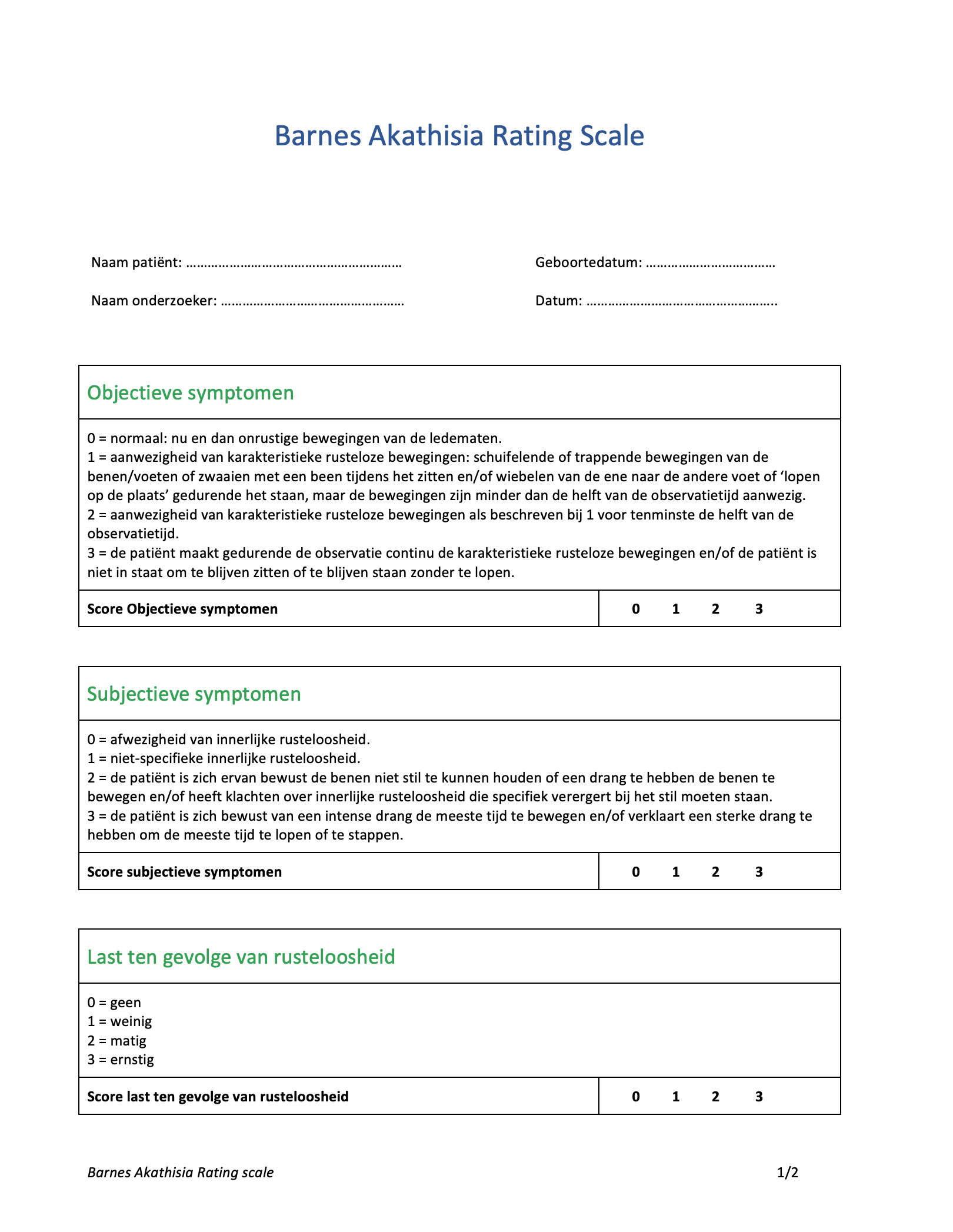 Barnes Akathisia Rating Scale – Bewegingsstoornissen in de psychiatrie